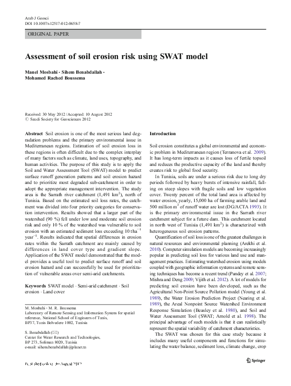 (PDF) Assessment of soil erosion risk using SWAT model