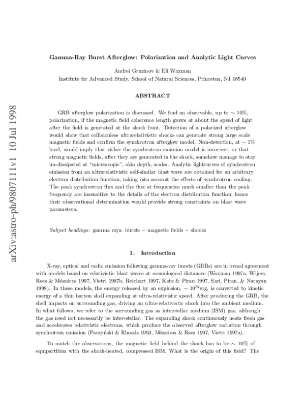 (PDF) Gamma‐Ray Burst Afterglow: Polarization and Analytic Light Curves