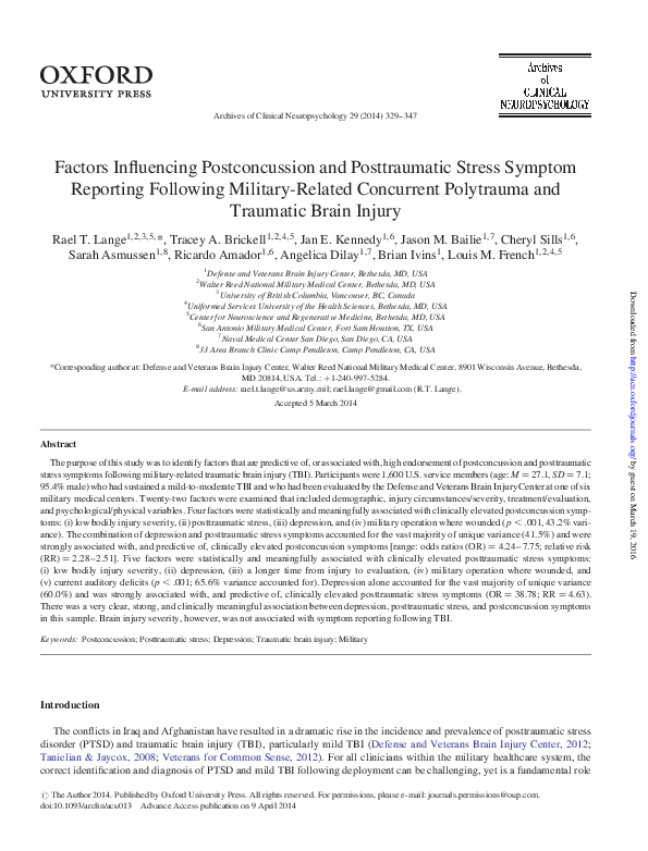 (PDF) Factors Influencing Postconcussion and Posttraumatic Stress ...