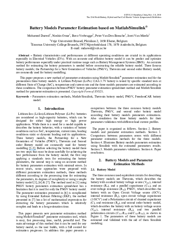 (PDF) Battery Models Parameter Estimation based on MATLAB/Simulink