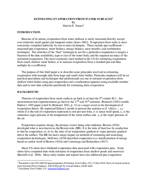 (PDF) Estimating Evaporation From Water Surfaces 1 (PDF) Estimating Evaporation From Water Surfaces 1