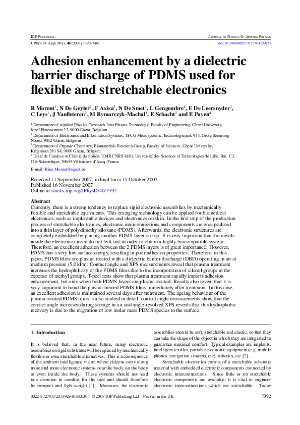(PDF) Adhesion enhancement by a dielectric barrier discharge of PDMS ...