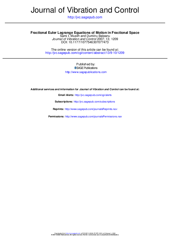 Pdf Fractional Euler Lagrange Equations Of Motion In Fractional Space