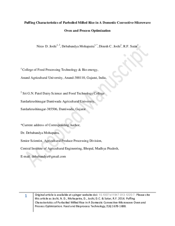 (PDF) Puffing Characteristics of Parboiled Milled Rice in a Domestic ...