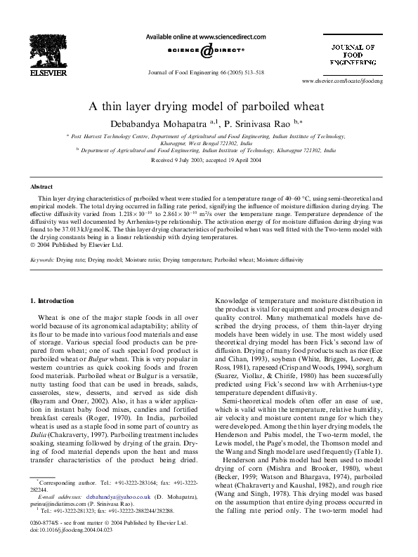 (PDF) A thin layer drying model of parboiled wheat