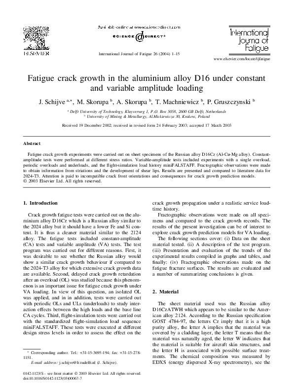 (PDF) Fatigue crack growth in the aluminium alloy D16 under constant and variable amplitude loading