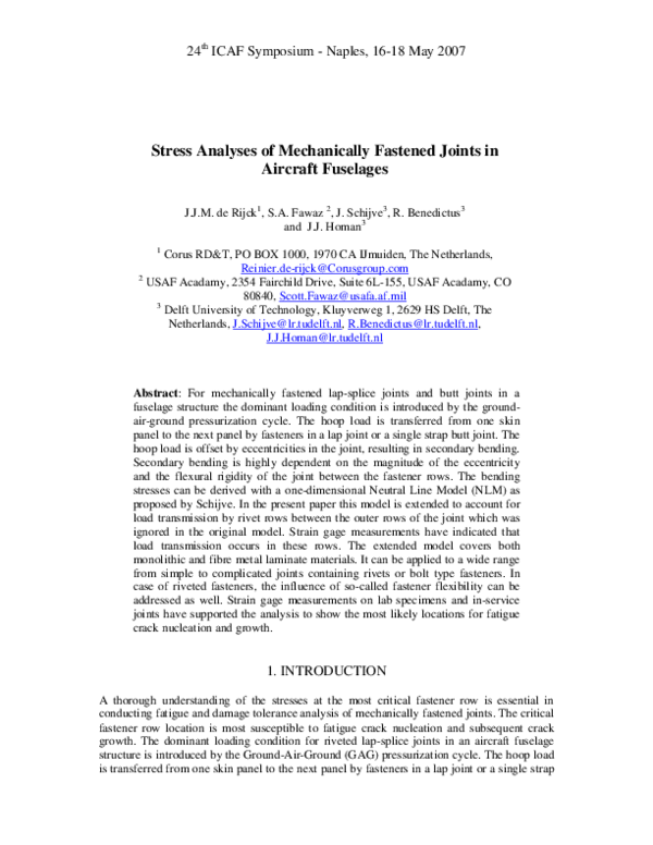 (PDF) Stress Analyses of Mechanically Fastened Joints in Aircraft Fuselages