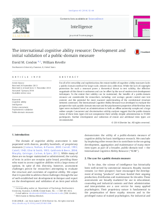 (PDF) The international cognitive ability resource: Development and initial validation of a ...