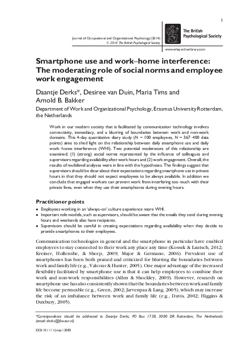 (PDF) Smartphone use and work-home interference: The moderating role of ...