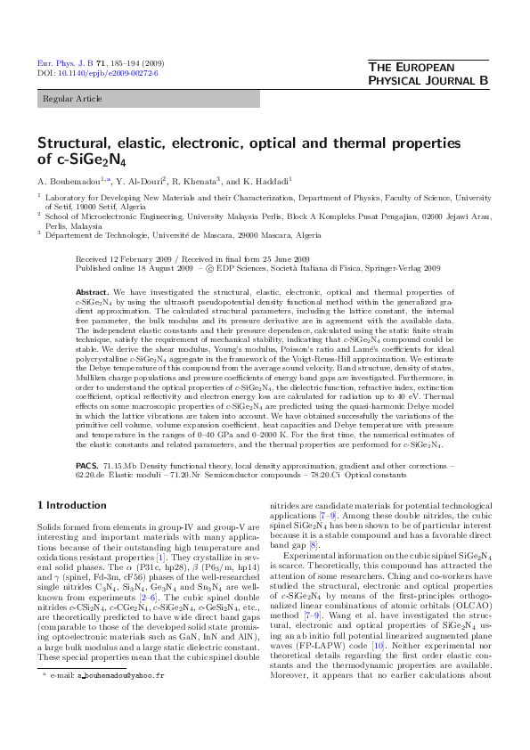 (PDF) Structural, elastic, electronic, optical and thermal properties of c-SiGe 2 N 4