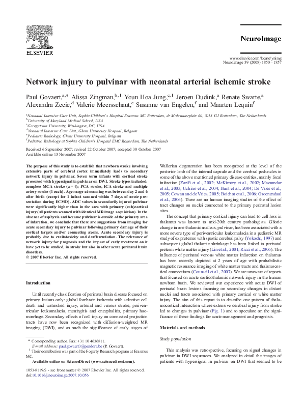 (PDF) Network injury to pulvinar with neonatal arterial ischemic stroke