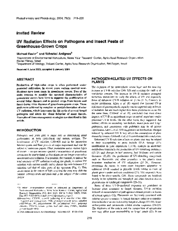 (PDF) UV Radiation Effects on Pathogens and Insect Pests of Greenhouse ...