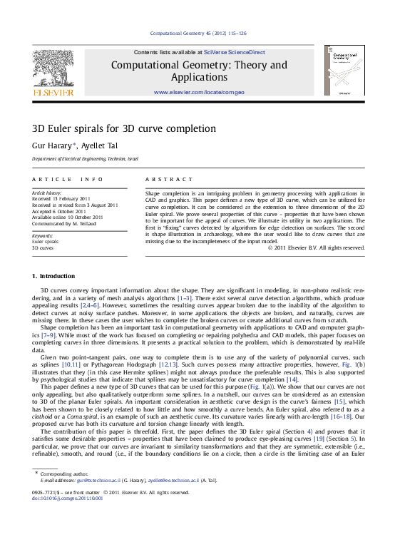 (PDF) 3D Euler spirals for 3D curve completion
