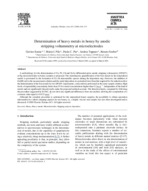 Pdf Determination Of Heavy Metals In Honey By Anodic Stripping Voltammetry At Microelectrodes