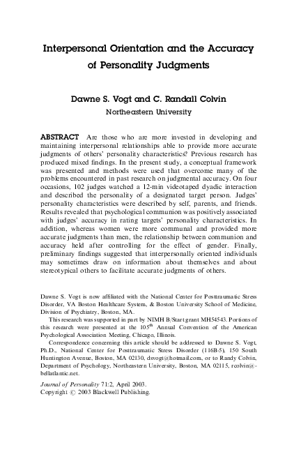 (PDF) Interpersonal Orientation and the Accuracy of Personality Judgments