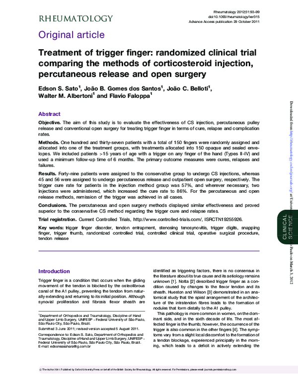 (PDF) Treatment of trigger finger: randomized clinical trial comparing ...