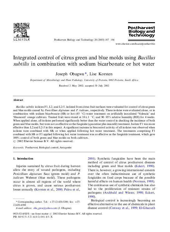 (PDF) Integrated control of citrus green and blue mold and sour rot by ...