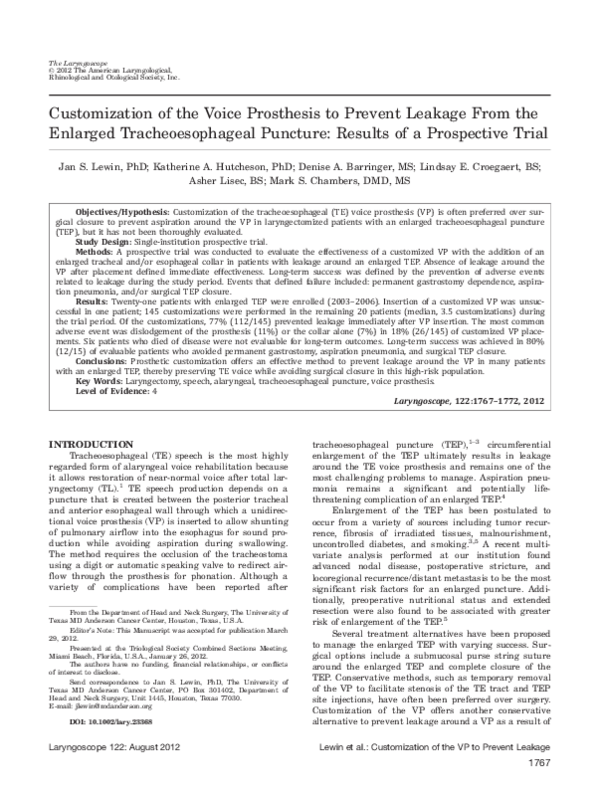 (PDF) Customization of the voice prosthesis to prevent leakage from the ...
