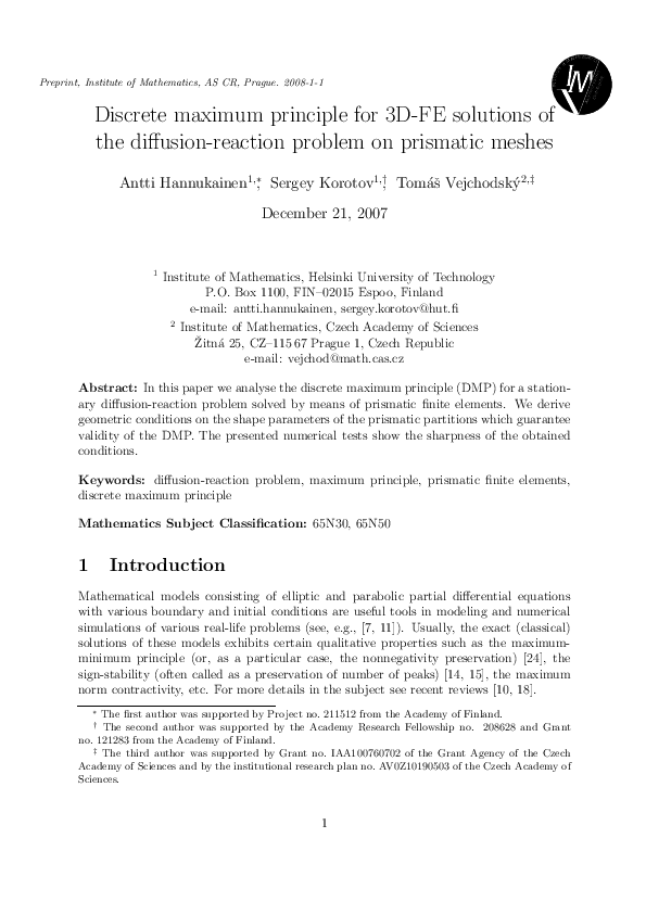 (PDF) Discrete maximum principle for FE solutions of the diffusion-reaction problem on prismatic ...