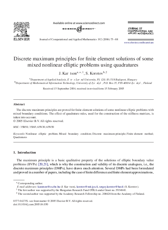 (PDF) Discrete maximum principles for finite element solutions of some mixed nonlinear elliptic ...