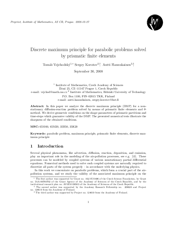 Pdf Discrete Maximum Principle For Parabolic Problems Solved By Prismatic Finite Elements