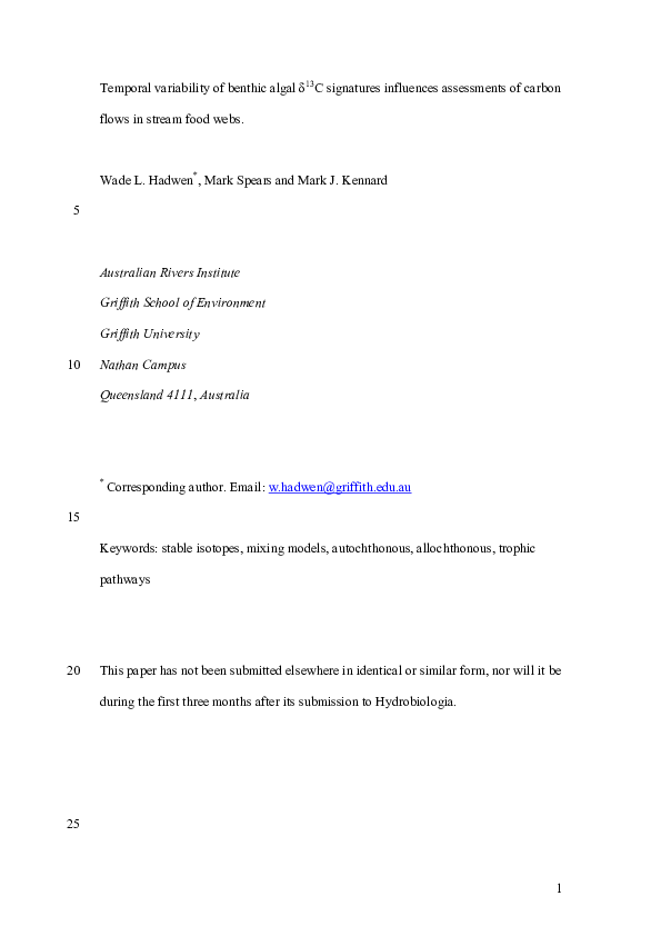 (PDF) Temporal variability of benthic algal δ13C signatures influences assessments of carbon ...
