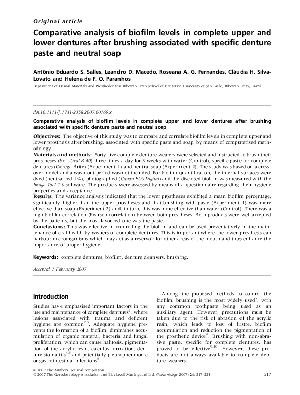 (PDF) Comparative analysis of biofilm levels in complete upper and lower dentures after brushing ...