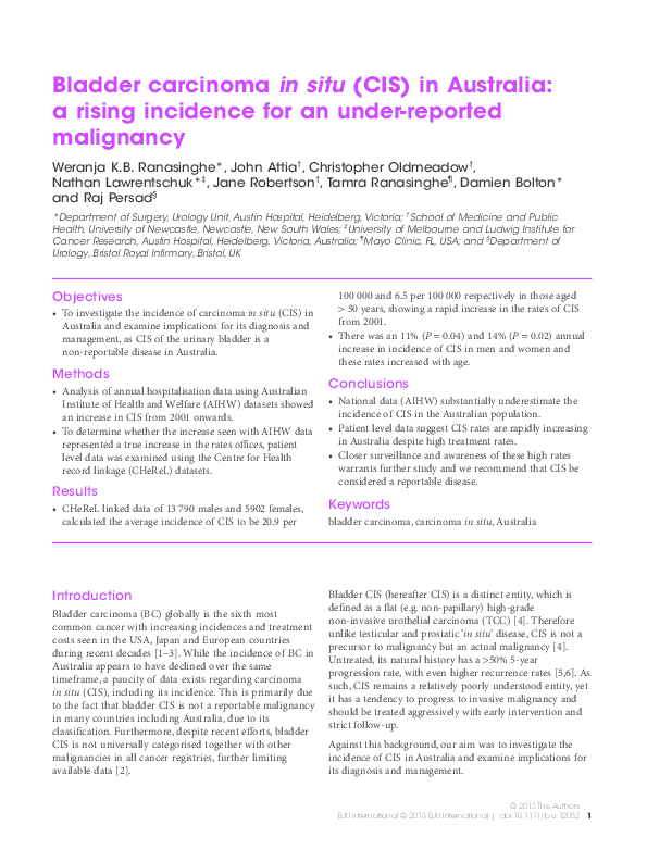 (PDF) Bladder carcinoma in situ (CIS) in Australia: a rising incidence ...