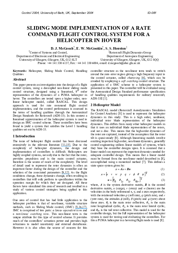 (PDF) Sliding mode implementation of a rate command flight control system for a helicopter in hover