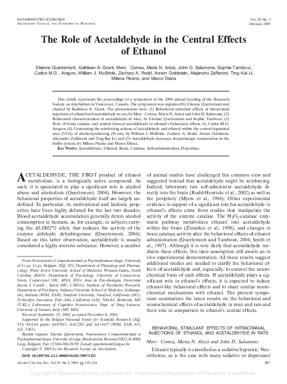 (PDF) The Role of Acetaldehyde in the Central Effects of Ethanol