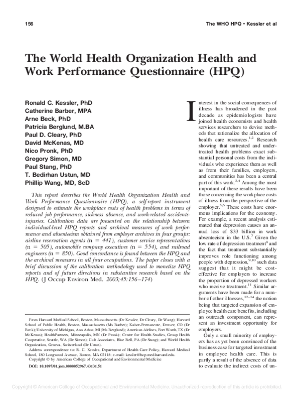 (PDF) The World Health Organization Health and Work Performance ...