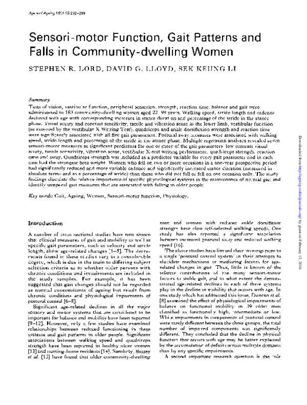 (PDF) Sensori-motor Function, Gait Patterns and Falls in Community ...