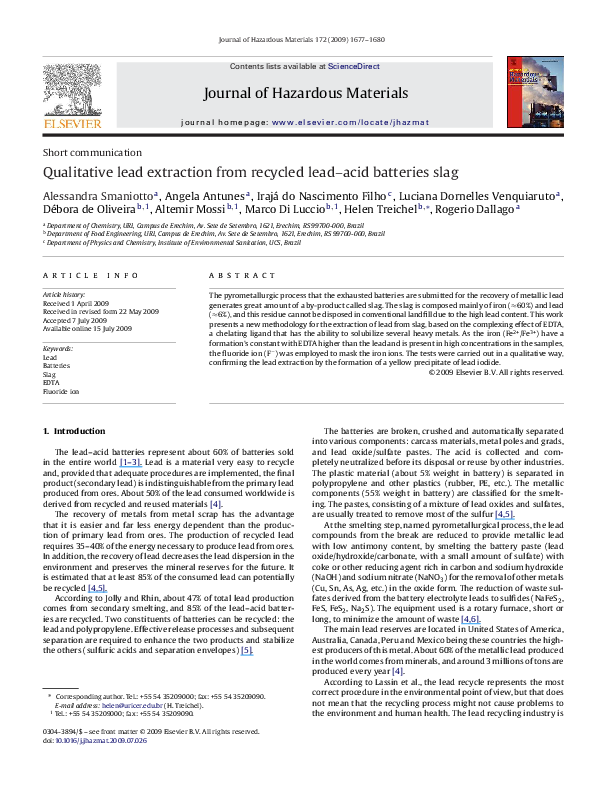 (PDF) Qualitative lead extraction from recycled lead–acid batteries slag