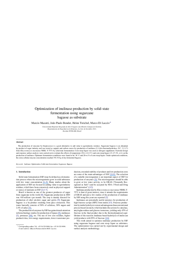 (PDF) Optimization of inulinase production by solid-state fermentation using sugarcane bagasse ...