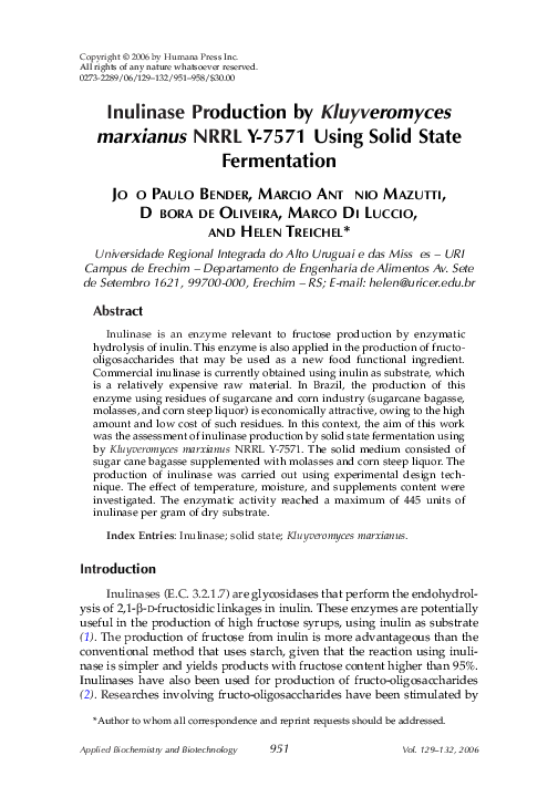 (PDF) Inulinase Production by Kluyveromyces marxianus NRRL Y-7571 Using Solid State Fermentation