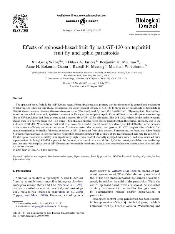 (PDF) Effects of spinosad-based fruit fly bait GF-120 on tephritid fruit fly and aphid parasitoids