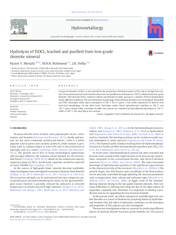 (PDF) Hydrolysis of TiOCl2 leached and purified from low-grade ilmenite ...