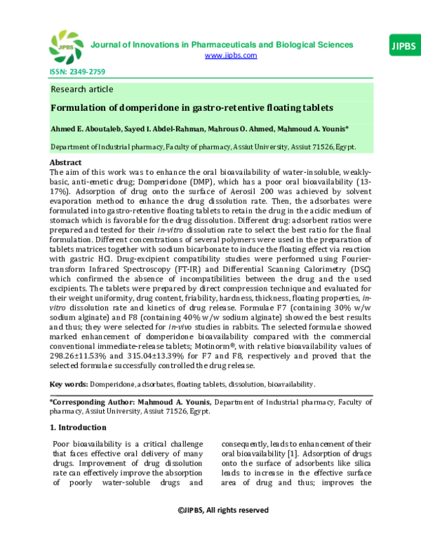 Pdf Formulation Of Domperidone In Gastro Retentive Floating Tablets