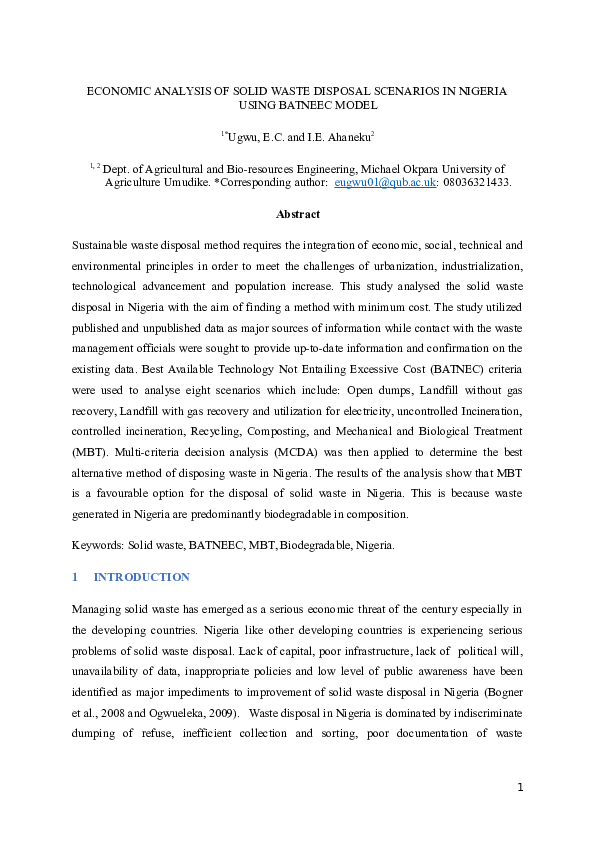 (DOC) ECONOMIC ANALYSIS OF SOLID WASTE DISPOSAL SCENARIOS IN NIGERIA ...