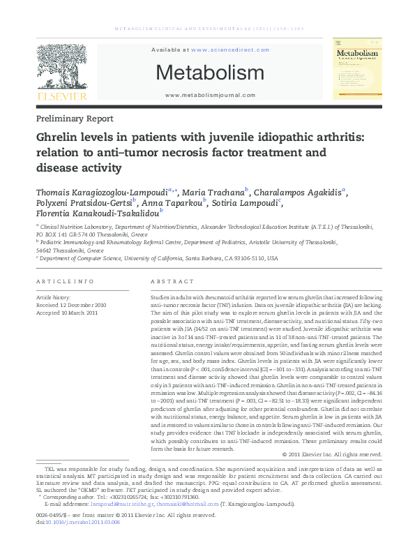 (PDF) Ghrelin levels in patients with juvenile idiopathic arthritis: relation to anti–tumor ...