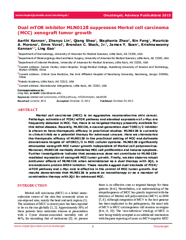 (PDF) Dual mTOR inhibitor MLN0128 suppresses Merkel cell carcinoma (MCC ...