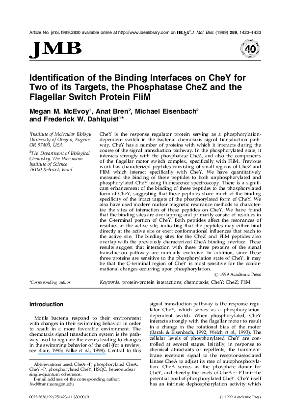 (PDF) Identification of the binding interfaces on CheY for two of its ...