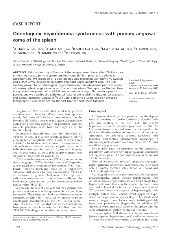 (PDF) Odontogenic myxofibroma synchronous with primary angiosarcoma of ...
