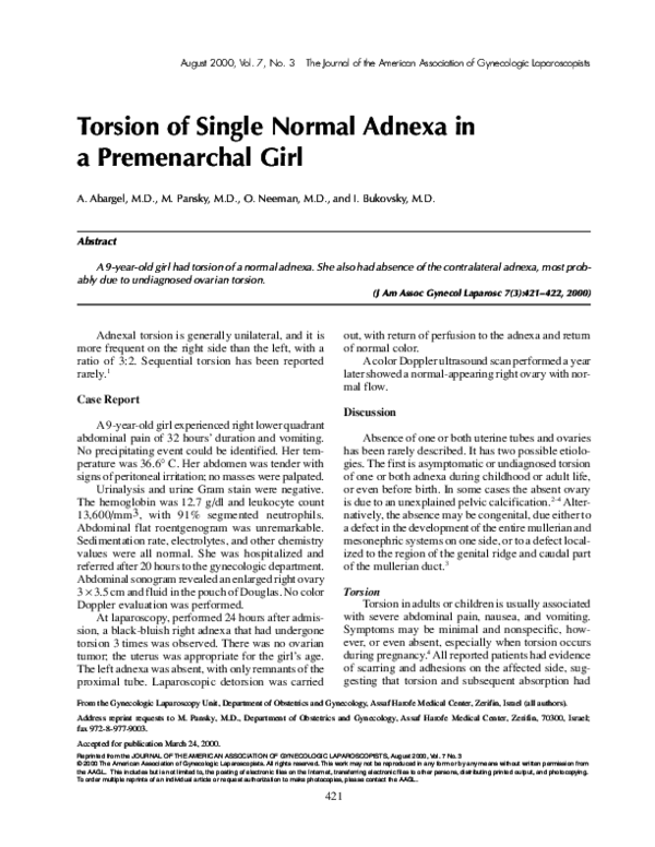 (PDF) Torsion of Single Normal Adnexa in a Premenarchal Girl