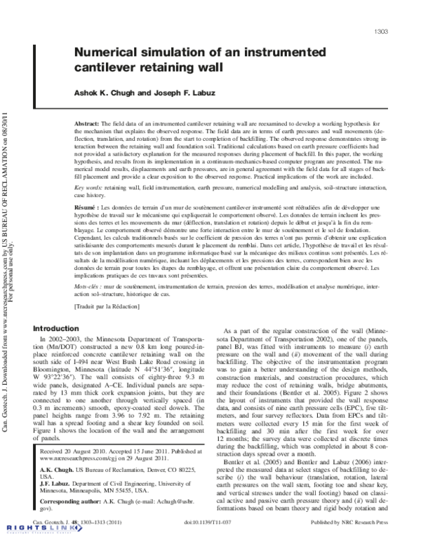 (PDF) Numerical simulation of an instrumented cantilever retaining wall