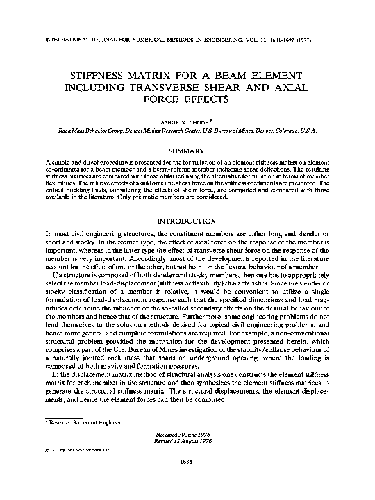 (PDF) Stiffness matrix for a beam element including transverse shear ...