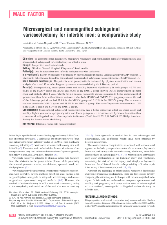 (PDF) Microsurgical and nonmagnified subinguinal varicocelectomy for ...