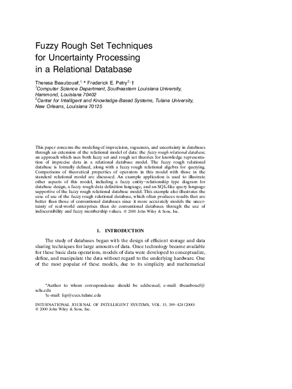 (PDF) Fuzzy rough set techniques for uncertainty processing in a relational database