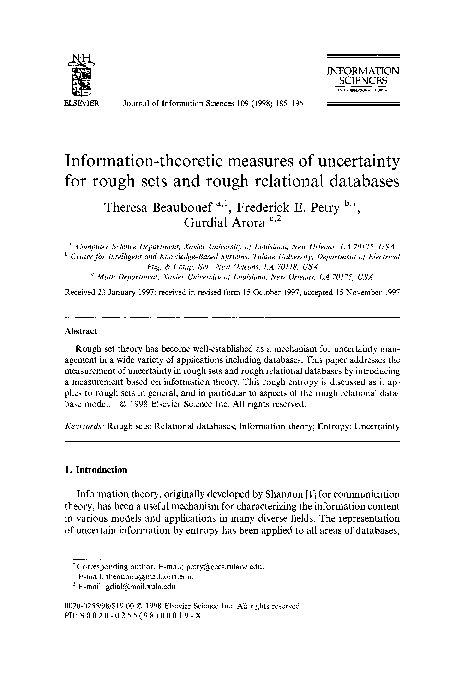 (PDF) Information-theoretic measures of uncertainty for rough sets and rough relational databases