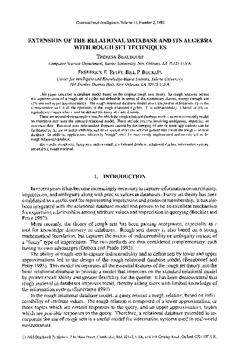 (PDF) EXTENSION OF THE RELATIONAL DATABASE AND ITS ALGEBRA WITH ROUGH SET TECHNIQUES